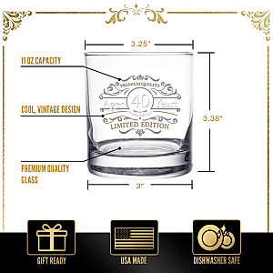 Vintage Edition Birthday Whiskey Scotch Glass (40th Anniversary) 11 oz- Vintage Happy Birthday Old Fashioned Whiskey Glasses for 40 Year Old- Classic Lowball Rocks Glass- Birthday, Reunion Gift