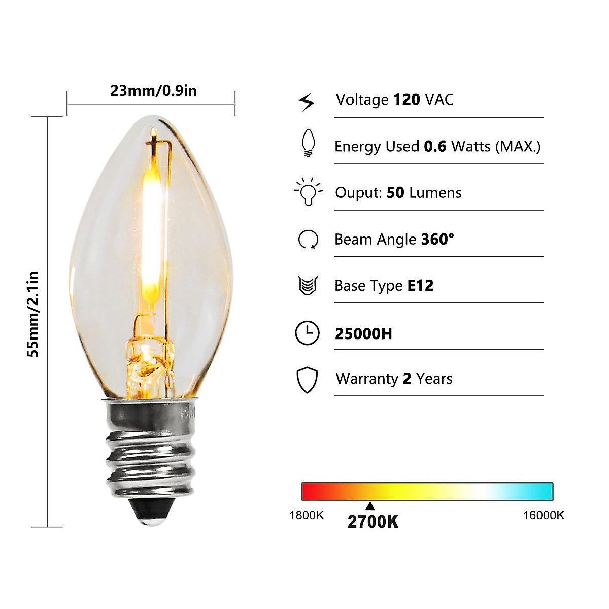 C7 LED Night Light Bulbs 0.6W Equivalent to 7W C7 Candelabra LED Filament Light Bulbs E12 Candelabra Base Lamp Clear Glass Warm White 2700K Outdoor String Lights 25 Pack