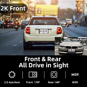 2K Dash Cam WiFi, Front and Rear Dash Camera for Cars Night Vision WDR Dashcam with 3 Inches, 170° Wide Angle, GPS Included, HD Screen Loop Recording, G-Sensor, Parking Monitor, with Free 32GB Card