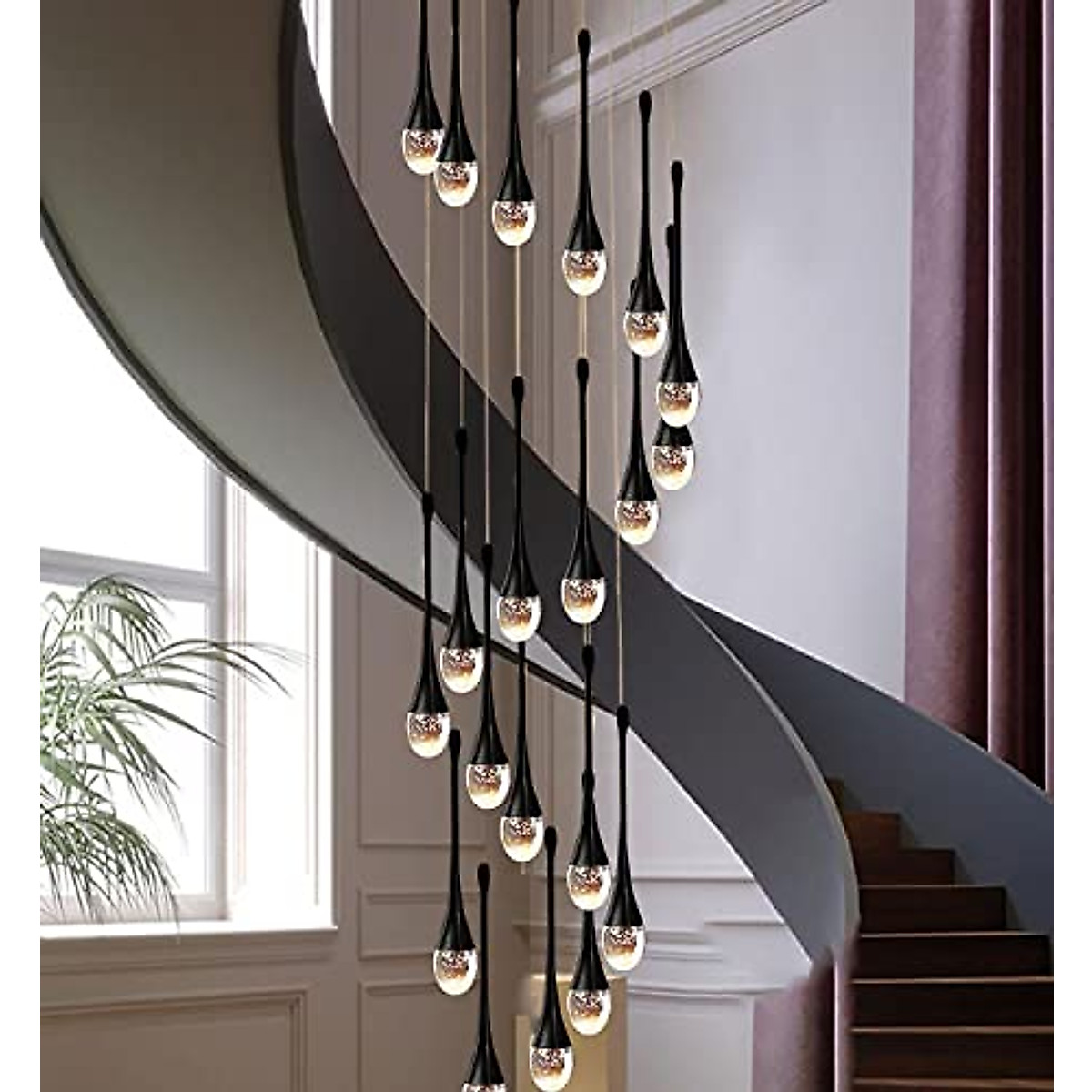 ykolupty 138'' High Black 20Lights Spiral Staircase Pendant Chandelier Lampara de Living Room Ceiling Crystal Chandeliers Foyer Entrance Crystal Chandelier Raindrops Bubble LED 2700-6000K Dimmable