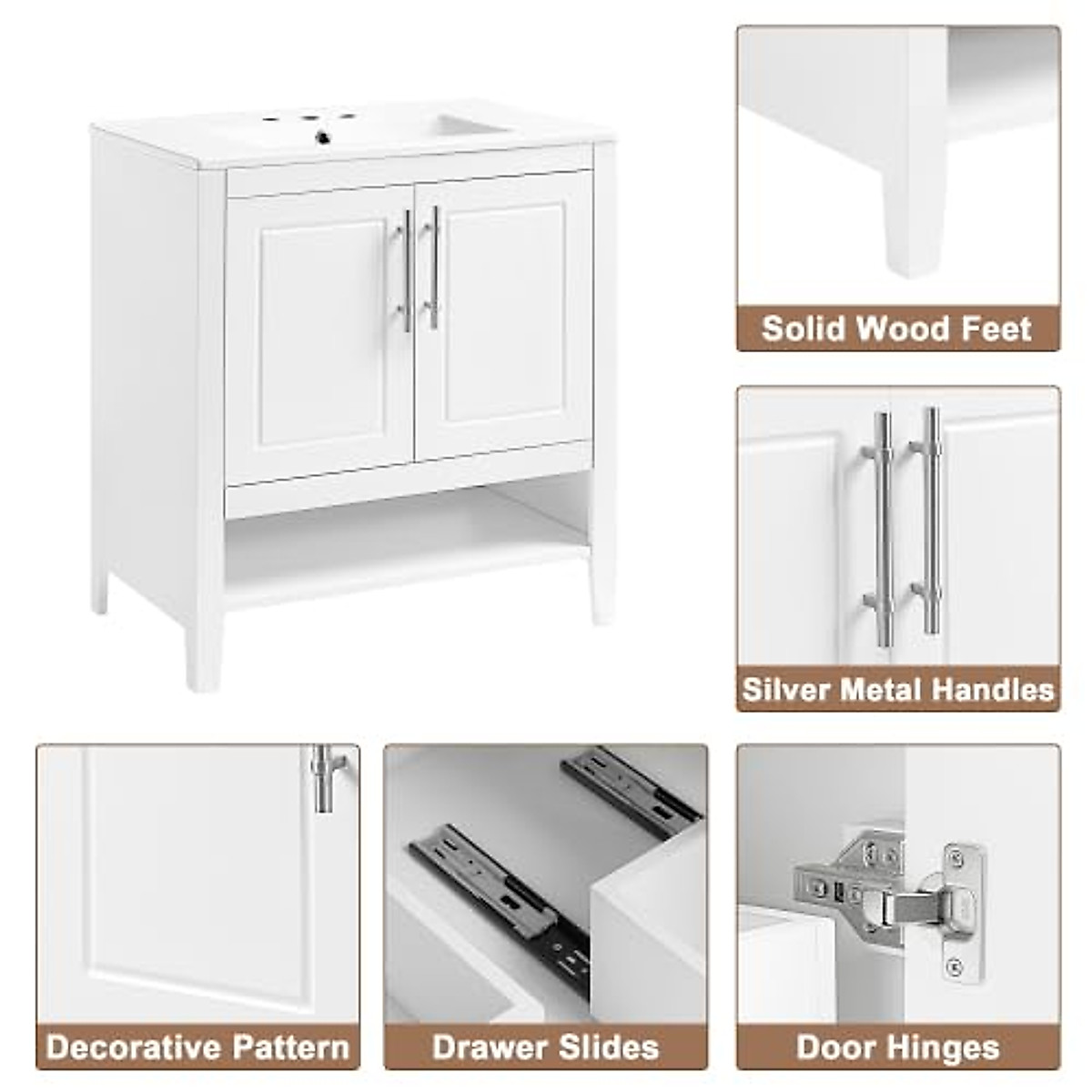 AnwickNomo 30" Bathroom Vanity with Sink Combo, Modern Multi-Functional Bathroom Cabinet with Doors and Drawers, Narrow Depth Bath Vanities,Solid Frame and MDF Board, Large Storage Space (White)