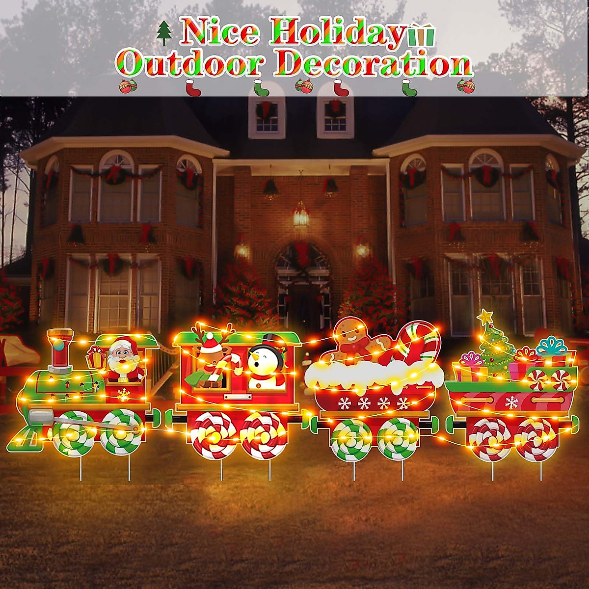 DONSAJI Christmas Train Yard Signs with 200 LED Lights - Xmas Tree Santa Gingerbread Snowman Train Set Lawn Signs with Metal Stakes for Holiday Lawn Garden Yard Outdoor Christmas Decorations, 4 Pack