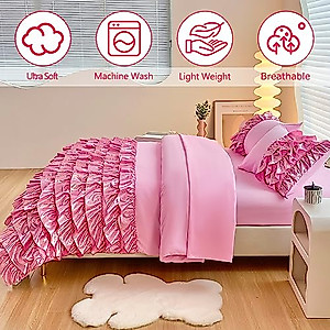 Tasselily Princess Ruffle Comforter Set Queen Szie, 5 Pcs Bed in a Bag Bling Shiny Sequin Ruffle Pink Bedding Set with Sheets for Girls/Woman