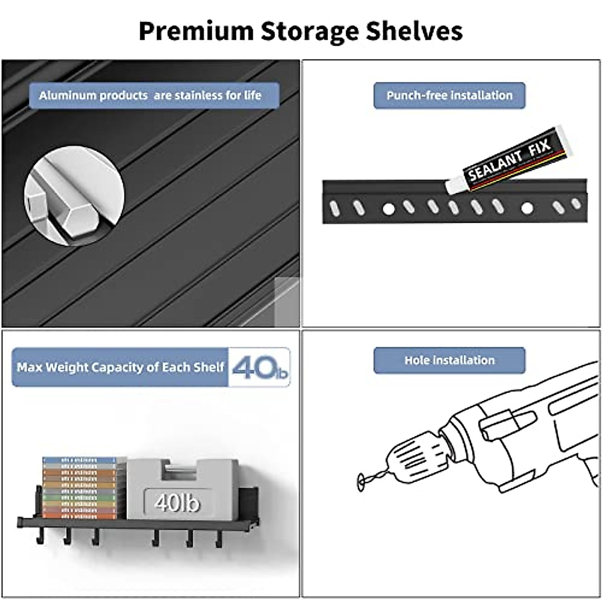 WGONEEDESS Floating Shelves Wall Mounted,2 pcs 16.5 Inch Rustic Aluminum Bathroom Shelves,Black Towel Rack for Bedroom, Living Room, Kitchen, Office(2 Pcs)