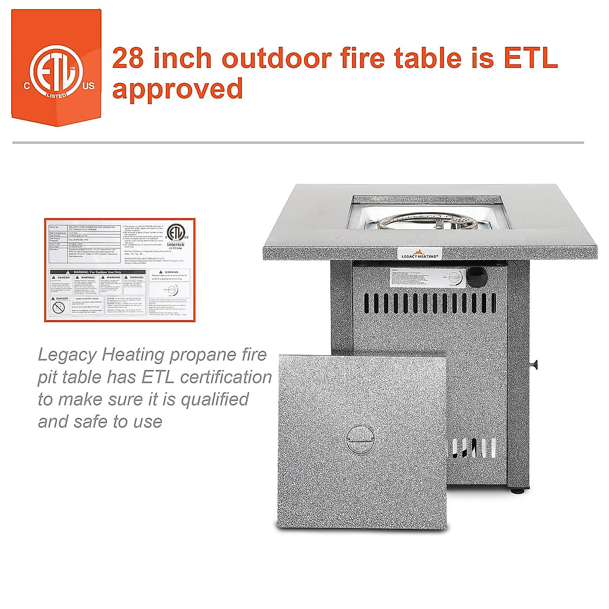 LEGACY HEATING 28" Propane Fire Pit Table, Gas Fire Pits for Outside Patio, Gas Fireplace, 50,000 BTU 28" Square Fire Table with Lid and Lava Rock, Silver