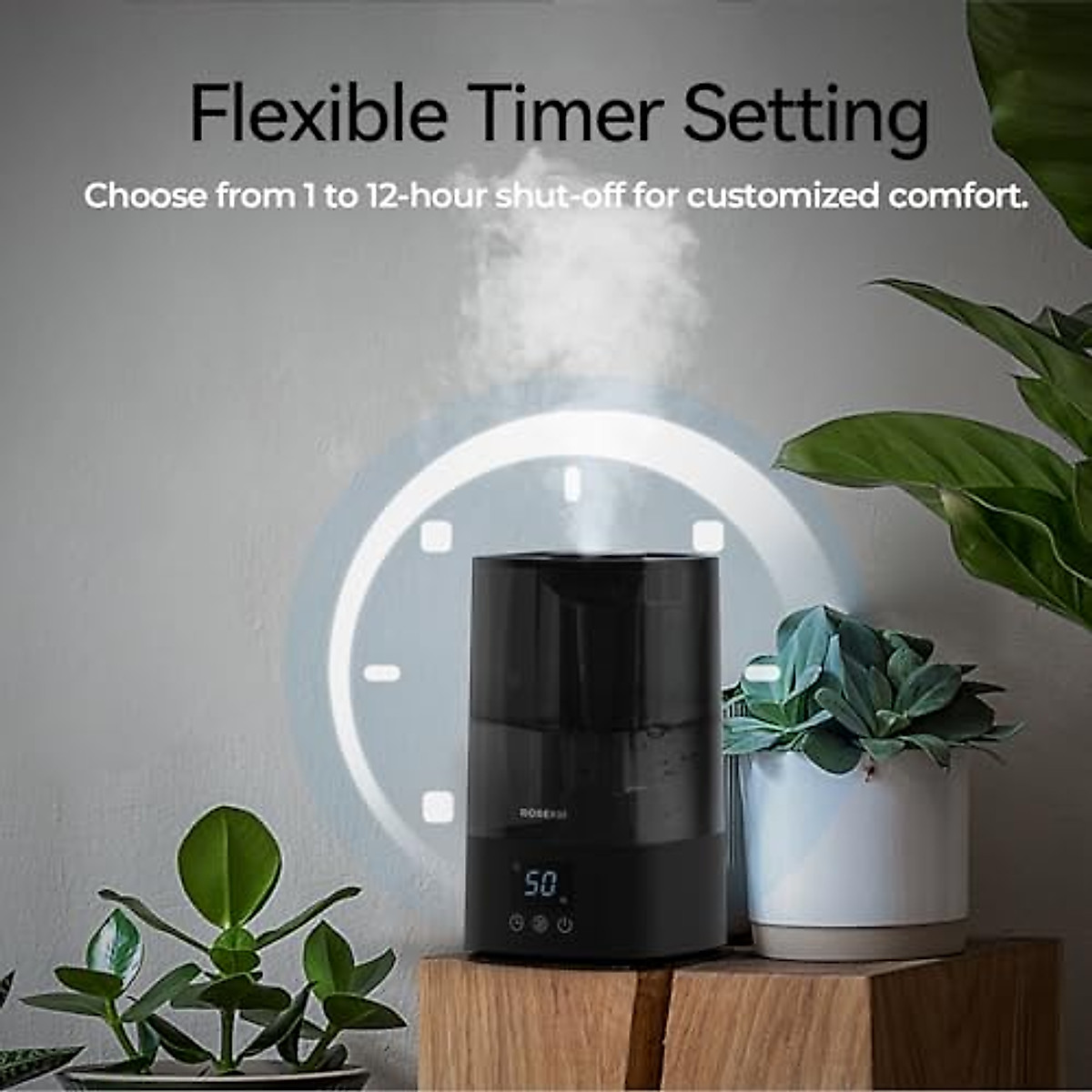 ROSEKM Automatic Humidifiers for Bedroom Large Room, 4.5L Cool Mist Humidifier for Home & Plant with Timer & Humidity Sensor, Last Up to 18H on High Setting, Auto Shut-Off, 360° Nozzle (Black)