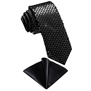 DiBanGu Black Tie Sequin Ties for Men Solid Color Skinny Tie and Pocket Square Set Wedding Party Formal Necktie