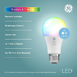 GE LED+ Color Changing Light Bulbs, 18 Colors & 5 Light Modes, No App or Wi-Fi Required, Remote Included, A19 Light Bulb (1 Pack)