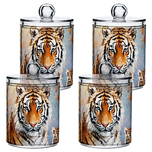 Vnurnrn Qtip Cotton Ball Holder Dispenser with Lid Painting Tigers Family Print, Plastic Jars Bathroom Canisters Storage Organizer 2 Pack