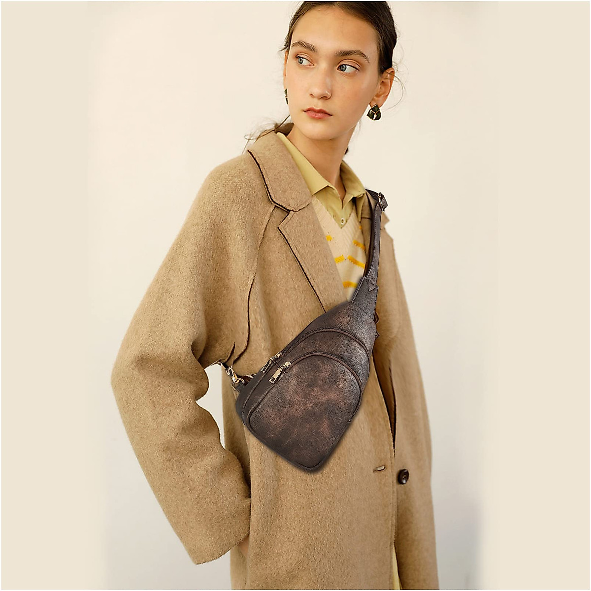 Telena Sling Bag Leather Fanny Pack Crossboday Backpack for Women Coffee