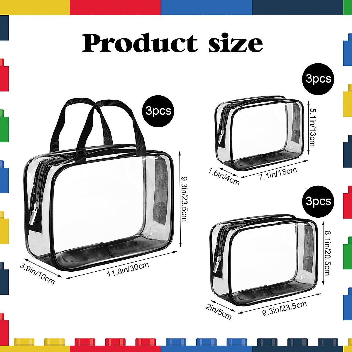 9 Packs Clear PVC Toy Storage Bags Toiletry Bags Waterproof Kids Zippered Toy Organizing Bags for Building Blocks Puzzle Stationery Black