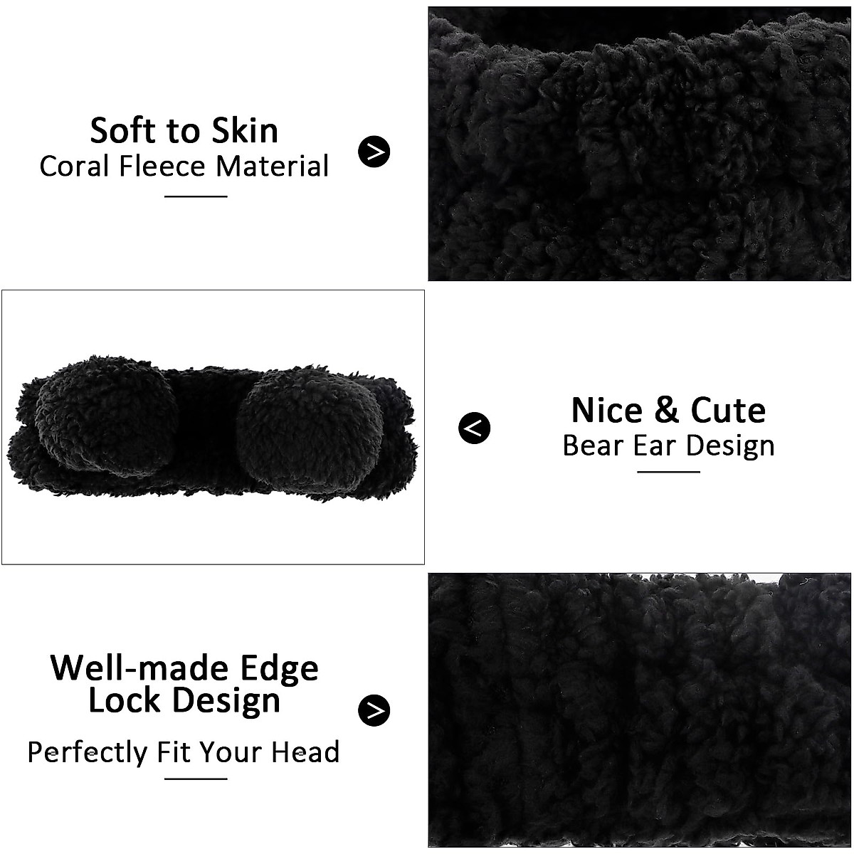 Ondder 2 Pcs Bear Ears Skincare Headbands - Black & White Spa Headbands for Makeup, Cosmetic, Spa & Party