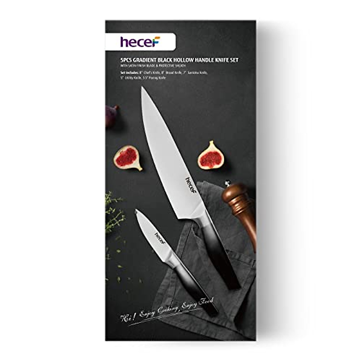 hecef Gradient Black Kitchen Knife Set of 5, Chef Knife Set with Satin Finished Blade & Hollow Handle & Protective Sheaths, Includes Chef, Santoku, Bread, Utility & Paring Knife