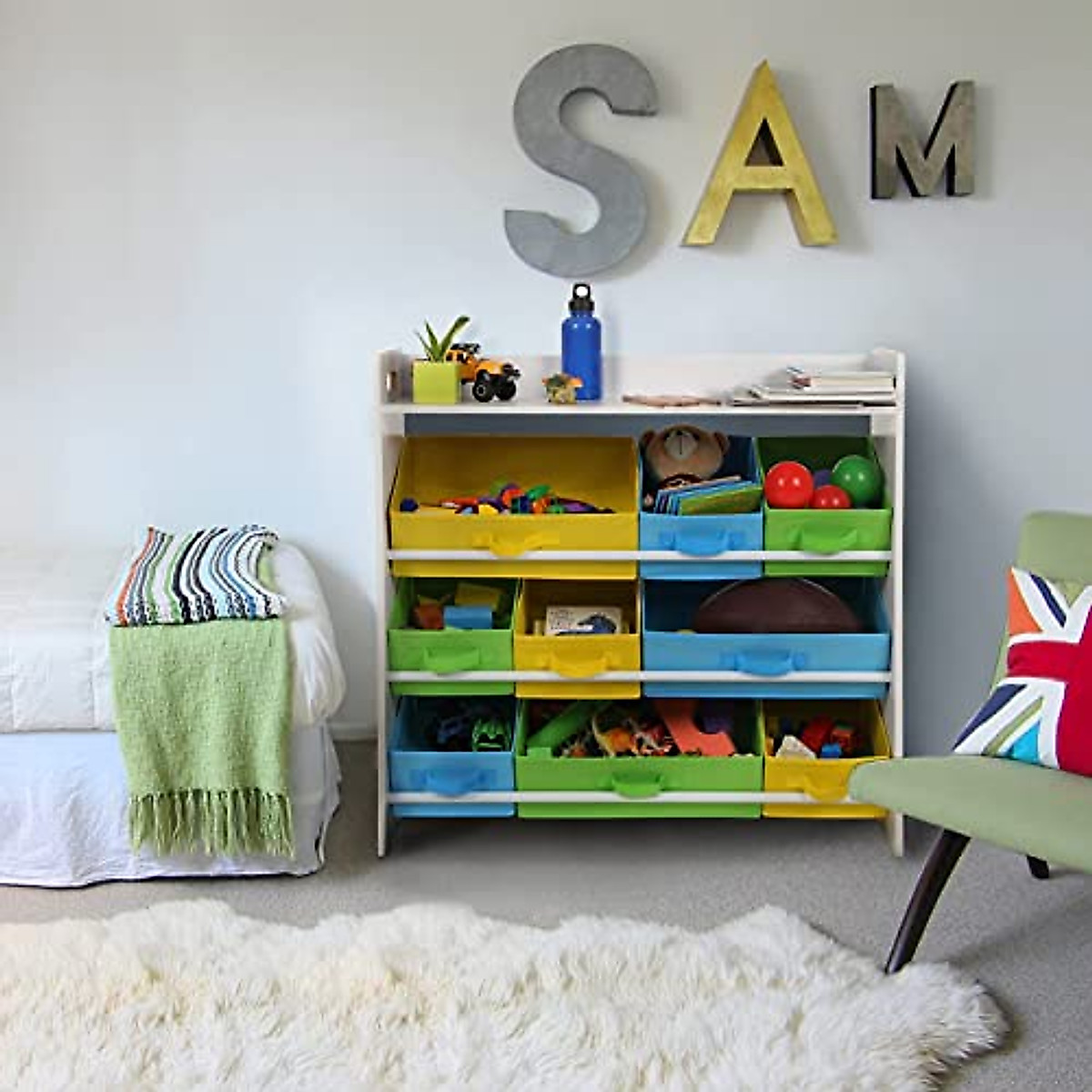 SONGMICS,Organizer and storage bins, Kid’s toy storage Unit with 9 Removable Non-Woven Fabric, Top Book Shelf, for Nursery Playroom, White UGKR31WT