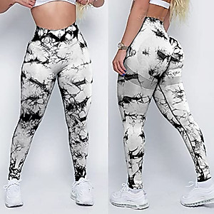 SZKANI Butt Lifting Leggings for Women Booty High Waisted Workout Yoga Pants Scrunch Butt Gym Seamless Booty Tight((D-Tie Dye)-Black White,Large)