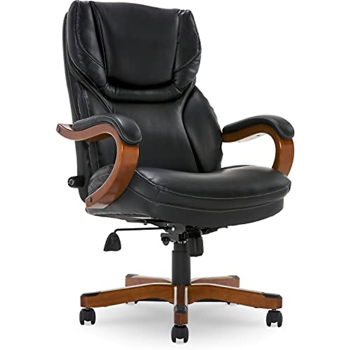 Serta Big and Tall Executive Office Chair with Wood Accents Adjustable High Back Ergonomic Lumbar Support, Bonded Leather, 30.5D x 27.25W x 47H in, Black