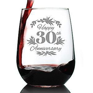 Happy 30th Anniversary - Stemless Wine Glass Gifts for Women & Men - 30 Year Anniversary Party Decor - Large 17 Ounce Glasses