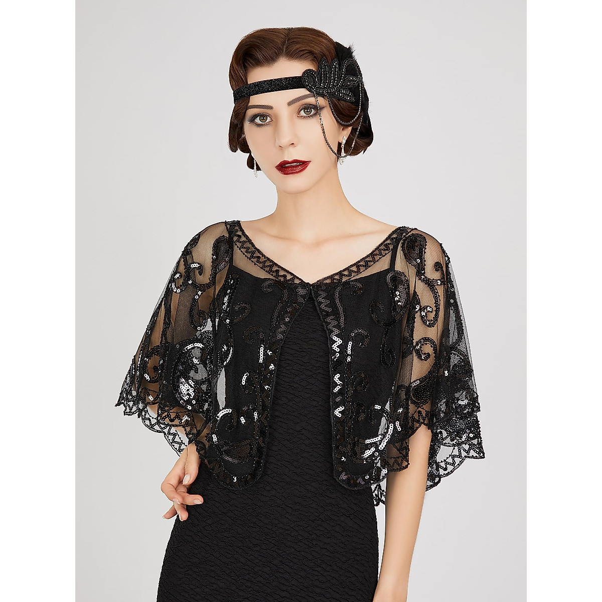 SWEETV Women's 1920s Flapper Shawl,Sequin Beaded Shawls Gatsby Wraps for Evening Dresses/Party/Wedding/Formal/Harlem night,1920s Accessories for Women,Black