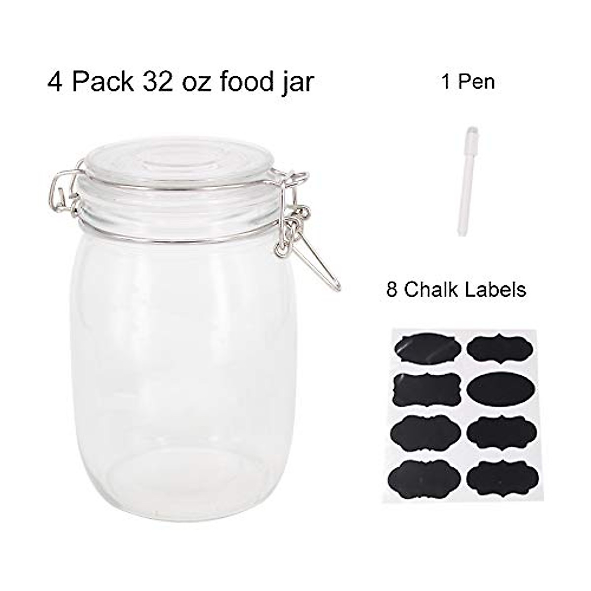 BPFY 4 Pack 32 oz Glass Jars With Airtight Lids And Leak Proof Rubber Gasket, Wide Mouth Mason Jars with Hinged Lids for Food Storage, Cereal, Pasta, Sugar, Beans, Pickle Jars, Kitchen Canisters