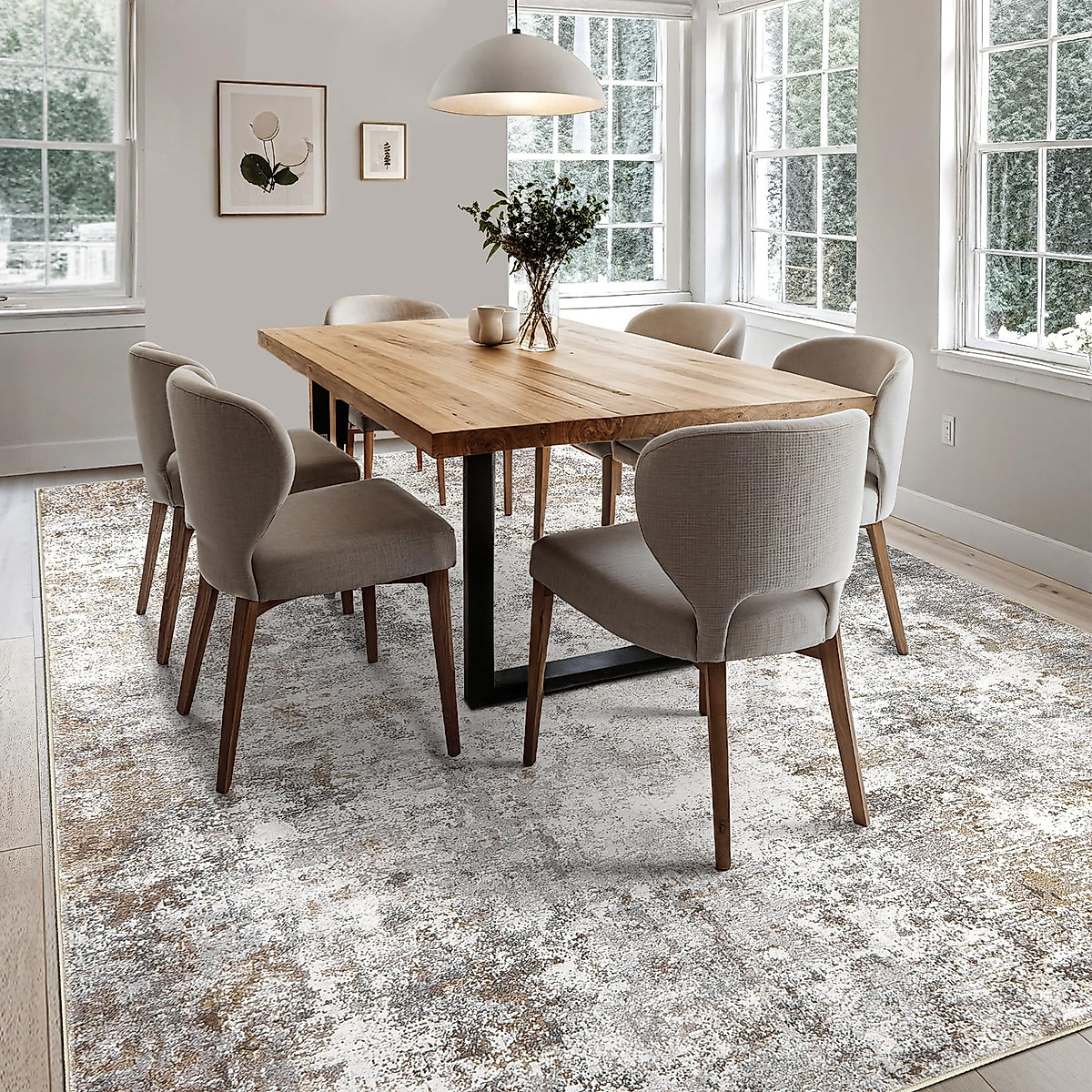 UERMEI 9x12 Area Rug Living Room Rugs - Washable Neutral Modern Abstract Soft Thin Large Rug Indoor Floor No Slip Rug Carpet for Bedroom Under Dining Table Home Office Decor - Brown Grey