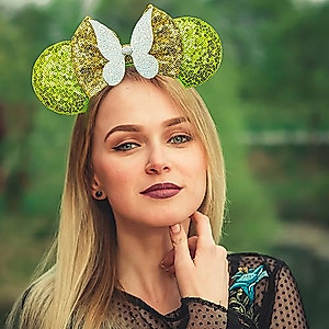 UNDEHAAC Bows Mouse Ears Headband - 2 Pcs Cute Sequin Headband for Women and Girls, Suitable for Halloween Variety Holiday Party Favors Gift and Cosplay Role Play(Green Blue)