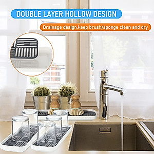 Youyole 3 Pcs Kitchen Soap Tray Sink, Double Layer Sink Organizer Dish and Sponge Holder with Detachable Drain for Dispenser Counter Bathroom Accessories Storage, Gray White, 11.81 x 3.94 1.18 inches