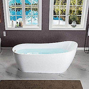 WOODBRIDGE 67"Freestanding White Acylic Soaking Bathtub with White Pillow,Drain and Overflow in Brushed Gold,BTA1508 -BG-Drain &O+ Pillow