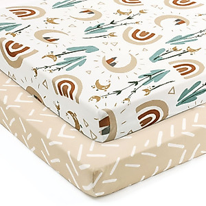 GRSSDER Stretchy Pack and Play Sheets, Ultra Soft Jersey Knit Fitted Pack n Play Sheets Set 2 Pack, Portable/Mini Cribs Sheets for Girls and Boys, Rainbow Pattern