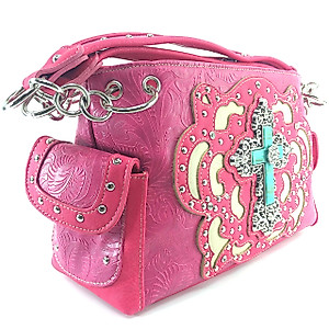Justin West Tooled Turquoise Stone Cross Rhinestone Laser Cut Shoulder Chain Concealed Carry Handbag Purse Wallet Messenger (Hot Pink Handbag and Wallet)