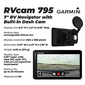 Garmin RV Cam 795, Large, Easy-to-Read 7” GPS RV Navigator, Built-in Dash Cam, Automatic Incident Detection, Custom RV Routing with Wearable4U Power Pack Bundle