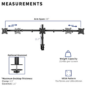 VIVO Triple 21.5 to 27 inch LED LCD Computer Monitor Desk Mount VESA Stand, Flush Wall Setup, Heavy Duty Fully Adjustable Tilt, Swivel, and Rotation, Fits 3 Screens, Black, STAND-V103C