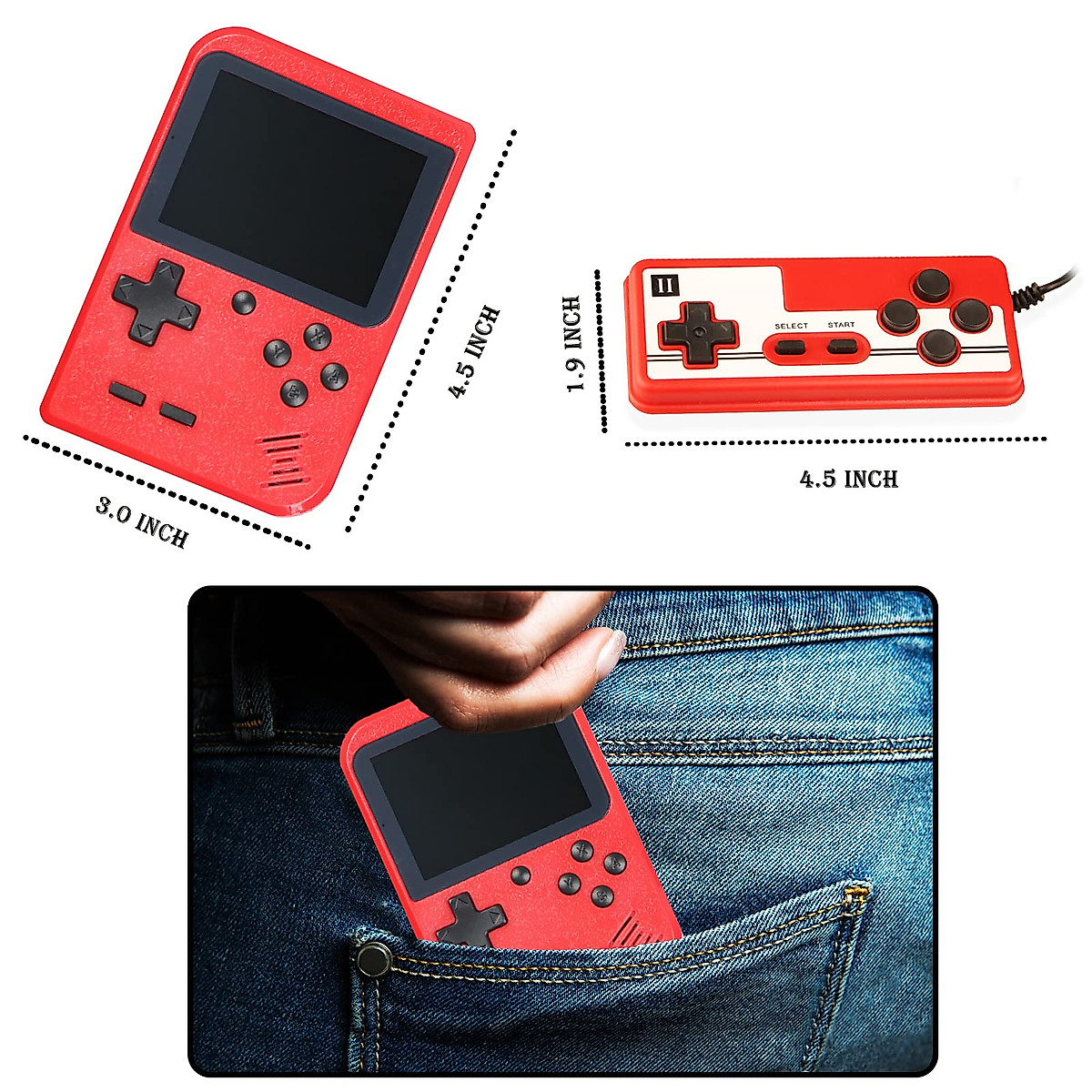 Nikodocr Portable Handheld Game Console, 3 Inch LCD Screen Portable Video Game Console with 500 Classic Games, 1020mAh Rechargeable Battery Support for Connecting TV and Two Players (Red)