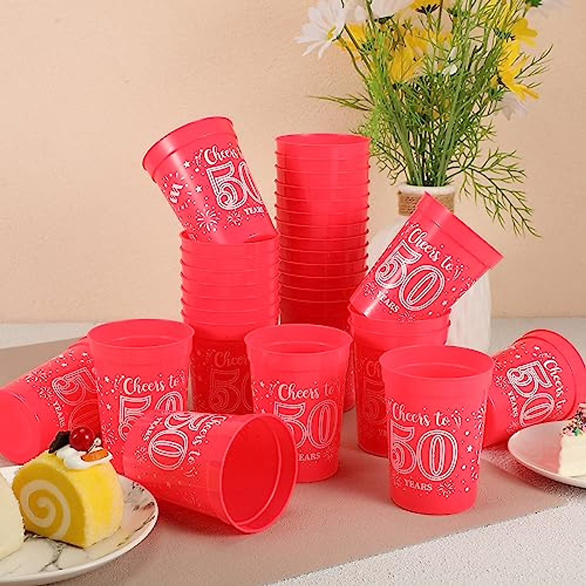 Gejoy 40 Pcs 8 Oz Birthday Cups Plastic Stadium Cups Pink and Gold Birthday Party Favors for Men Women Wedding Anniversary Party Decorations Supplies (50th)