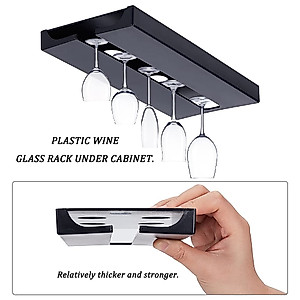 AHANDMAKER 4 Pack Plastic Wine Glass Rack, Black Wine Glass Storage Hanger Under Cabinet Goblet Rack Wall Mounted Hanging Shelf Wine Cup Display Stand with Self-Adhesive Tape for Kitchen Restaurant