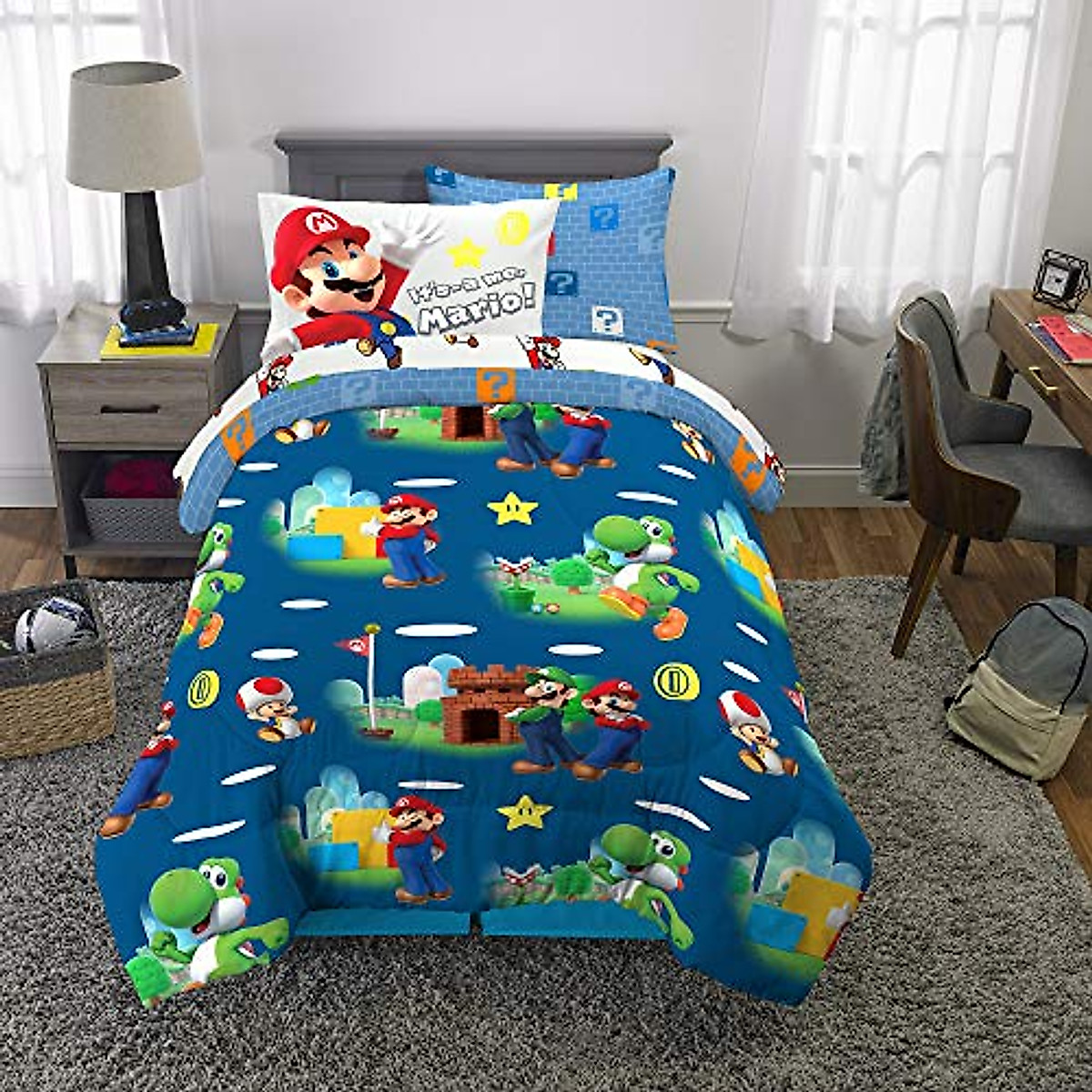 Franco Kids Bedding Super Soft Comforter and Sheet Set with Sham, 5 Piece Twin Size, Mario
