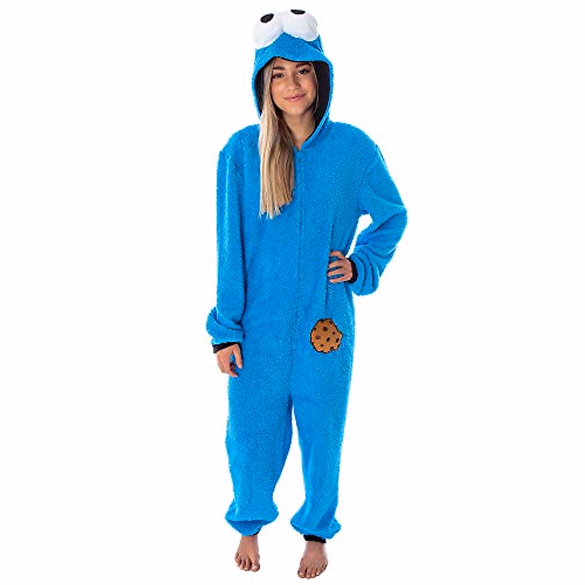 Sesame Street Adult Unisex Cookie Monster Costume Sherpa One-Piece Union Suit Pajama Onesie For Men And Women (SM/MD)