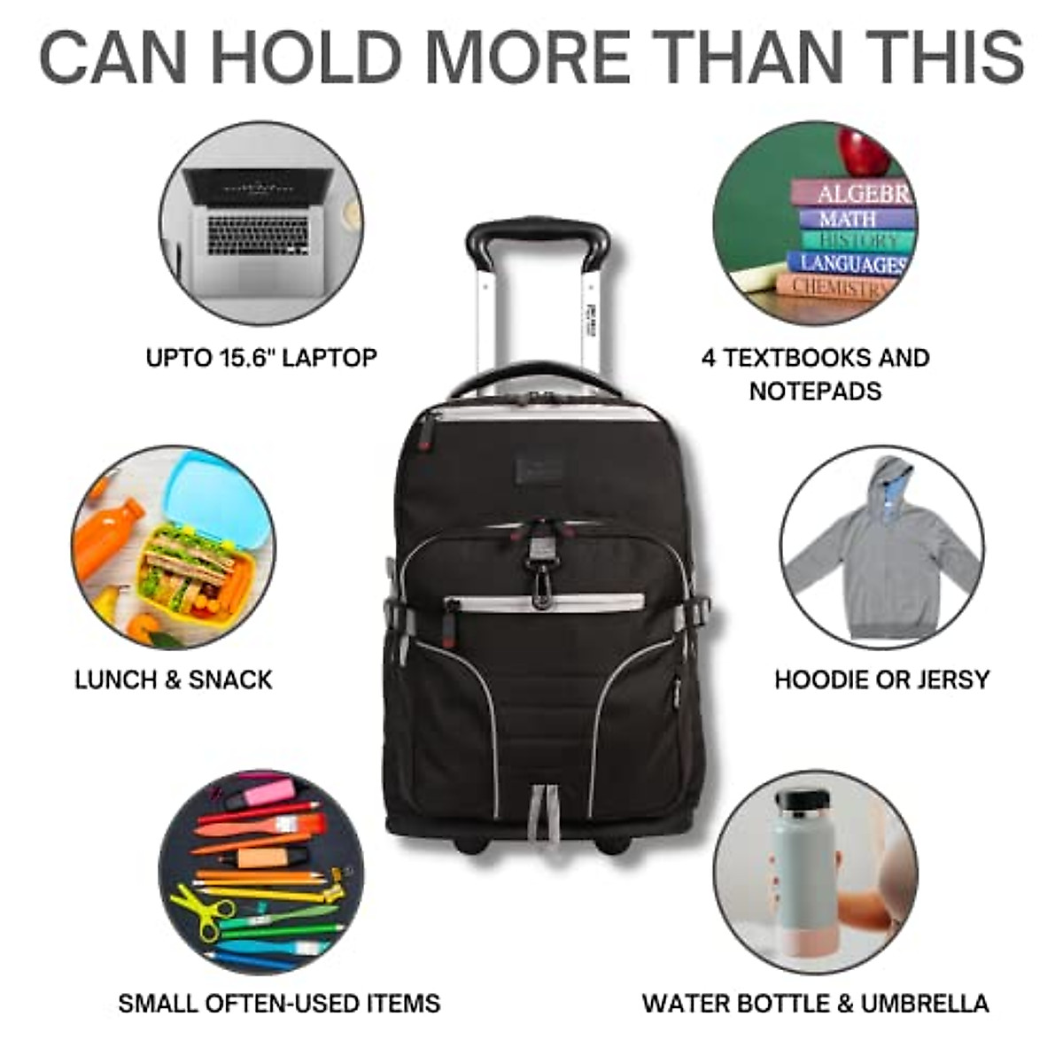 J World New York Lunar Rolling Backpack, Laptop Bag with Wheels, Black, 19.5"