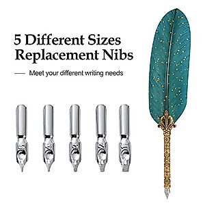 Karhood Quill Pen and Ink Set - Feather Calligraphy Dip Pen with Wax Seal Stamp Kit and 5 Nibs (Dark Green)