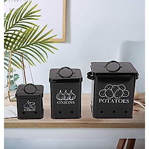Xbopetda Food Storage Container for Potato, Onion and Garlic, Canister Sets for Kitchen Counter, Square Vegeatable Storage Pots, Kitchen Storage Jars with Aerating Tin Storage Holes & Lid-Black