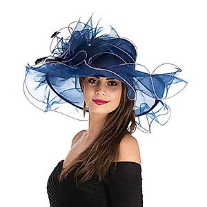 Women's Organza Church Kentucky Derby British Fascinator Bridal Tea Party Wedding Hat Summer Ruffles Cap (H5-Navy Line)