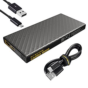 Nitecore Carbo 10000 Power Bank, 10000mAh Carbo Fiber Ultra Slim Lightweight USB & USB-C Dual Ports QC PD Quick Charge with Lumentac Cable for Phones Flashlights and Headlamps