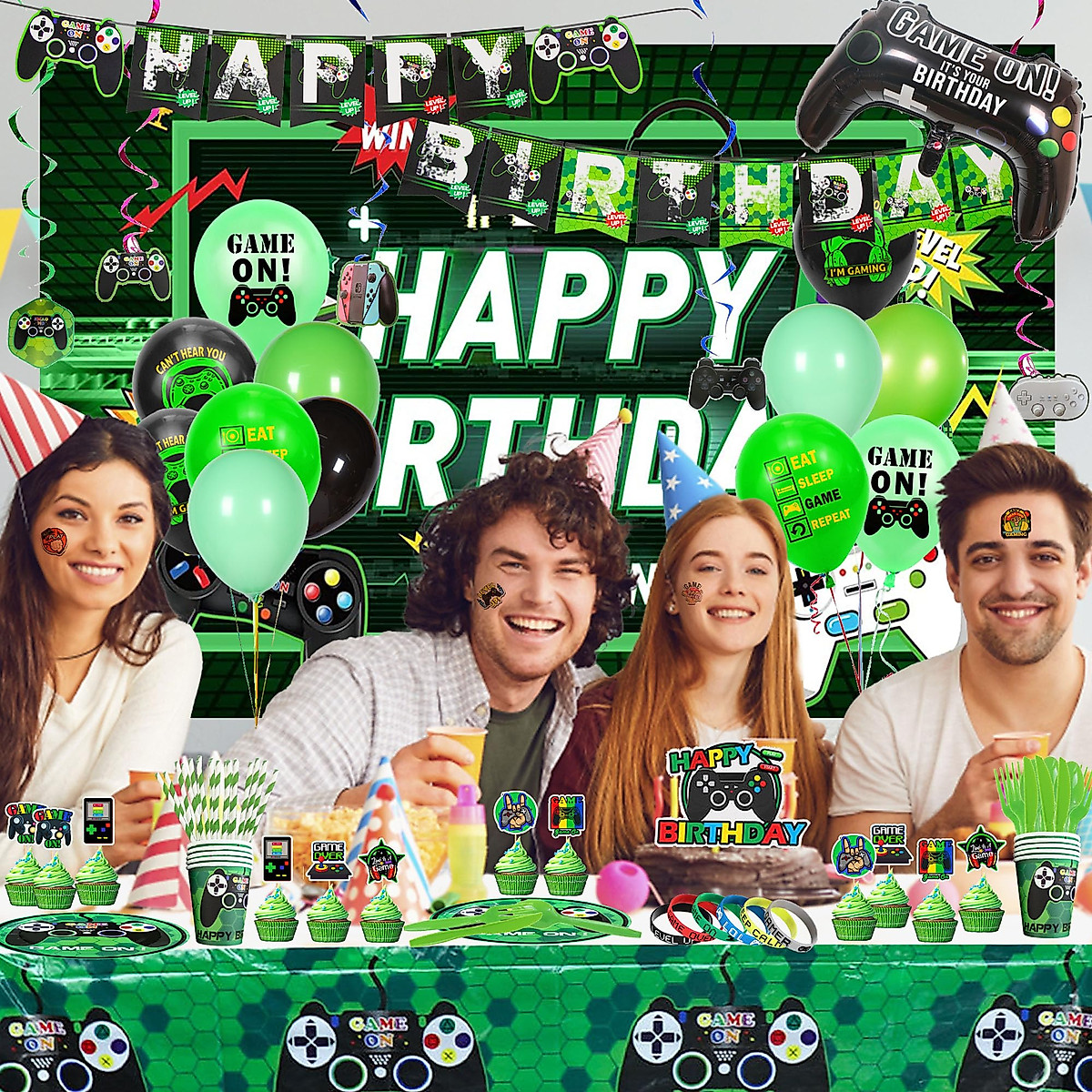 WODSMIN 254 PCS Green Video Game Party Supplies, Game Theme Decorations for Serves 10 Guests Plates, Cups, Hanging Swirls, Balloons, Banner, Cake Topper, Tablecloth and Backdrop for Birthday Party
