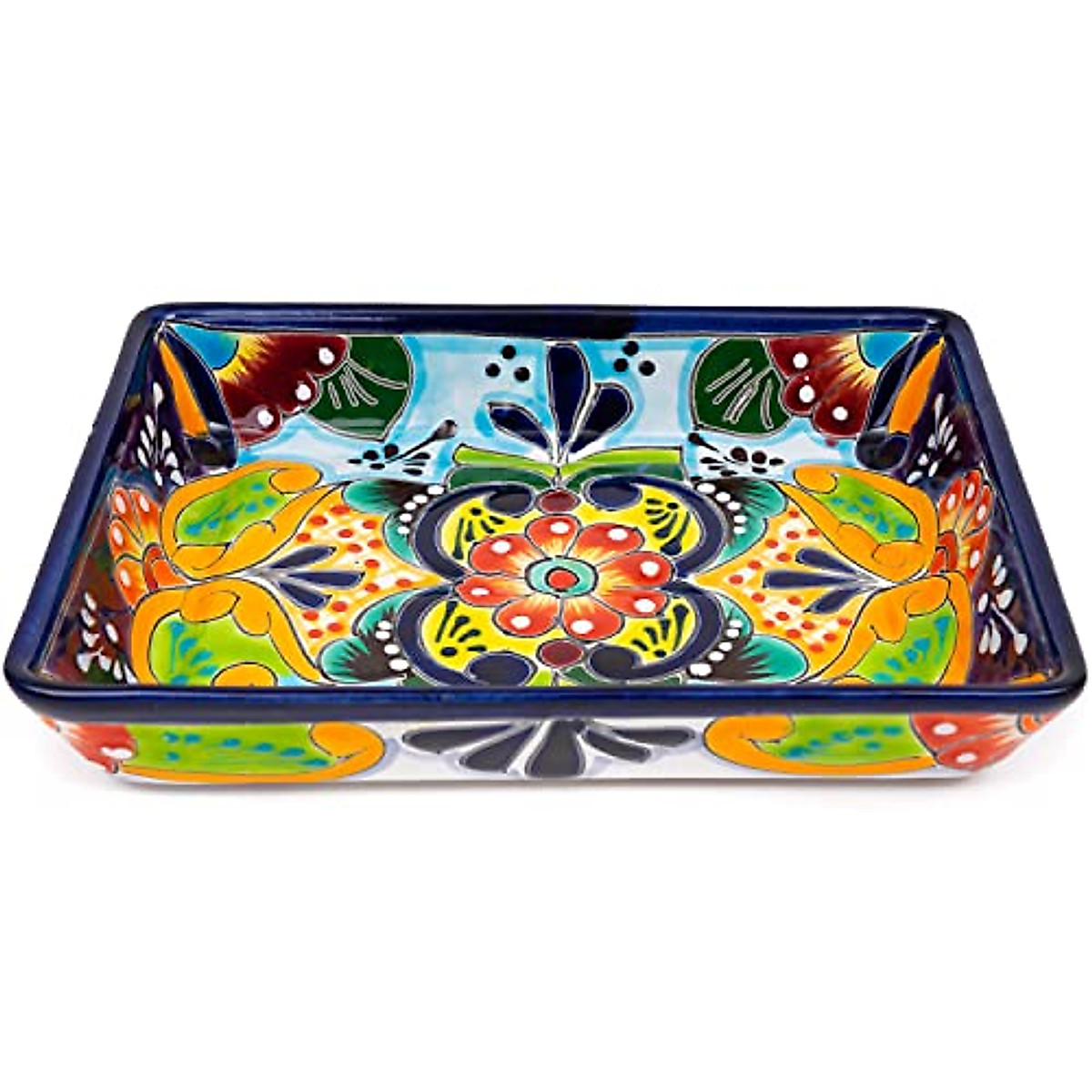 Enchanted Talavera Pottery Hand Painted Ceramic Rectangle Serving Platter Dish Appetizer Plate Tray Food Mexican Floral Pattern Party Fiesta Thanksgiving Jewelry Holder (Medium 9.5 x 7.5 x 1.75)
