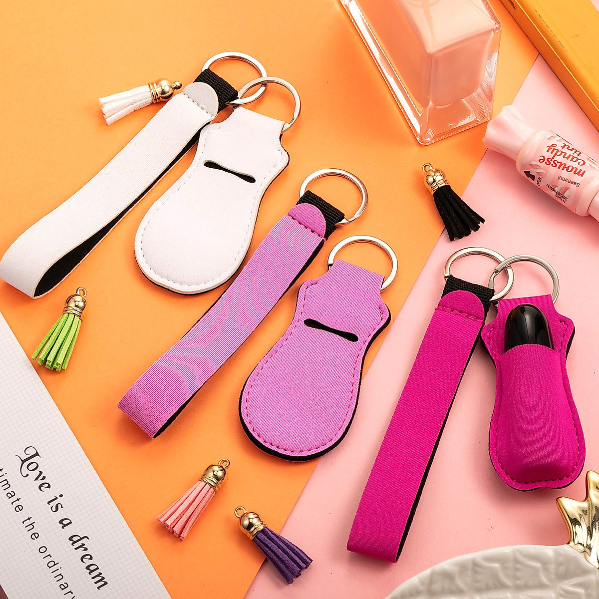 30-Piece Lipstick Holder Wristlet Keychain Clip-on Sleeve Pouch with Colored Tassel Pendants for Women Travelling