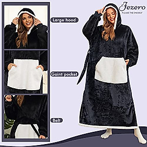 Jezero Wearable Blanket Hoodie Oversized, Flannel Sherpa Fleece Blanket Sweatshirt for Adults Women Men with Hood, Belt, Pocket & Sleeves, One Size Fits All