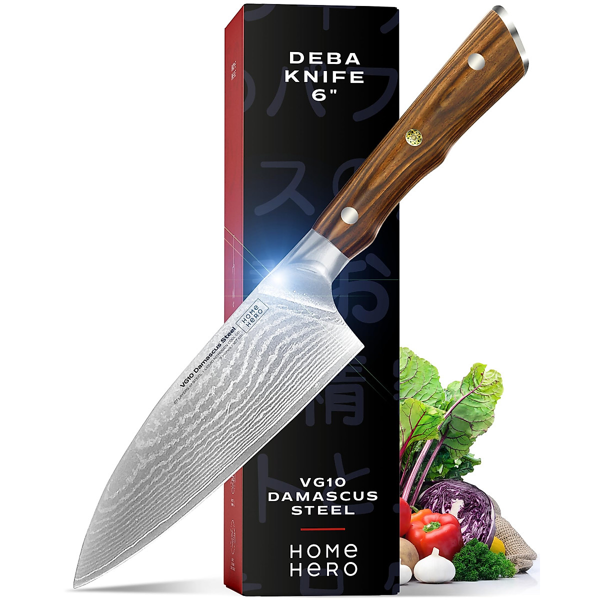 Home Hero Japanese Deba Knife Collection - VG10 Damascus Steel Triple Rivet Ultra Sharp 67 Layers Kitchen Knife with Ergonomic Rosewood Handle - Unique Gift for Men & Women (6 Inch Deba Knife)