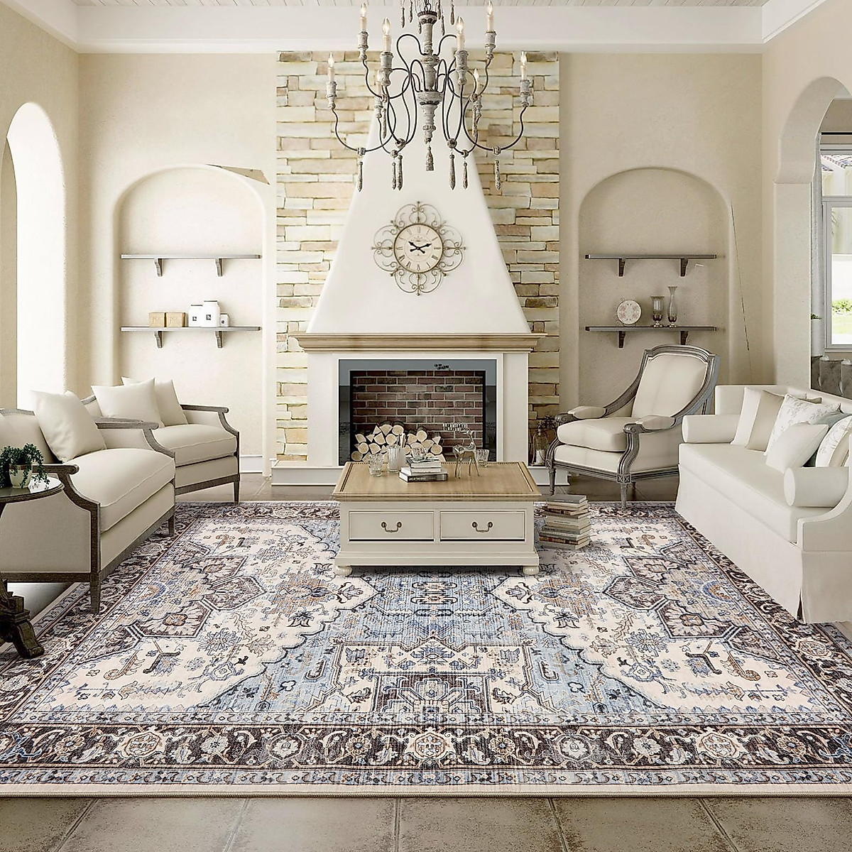 Area Rug Living Room Rugs - 8x10 Soft Machine Washable Oriental Persian Floral Distressed Rug Large Indoor Floor Carpet for Bedroom Under Dining Table Home Office Decor - Cream Blue