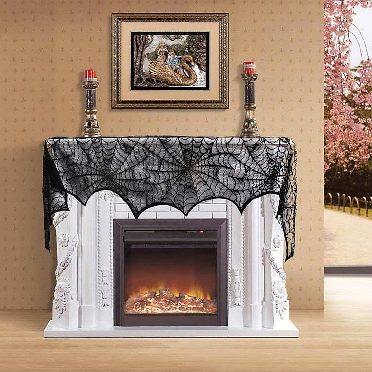 4 Pack Halloween Decorations Tablecloth Runner Black Lace Round Spider Cobweb Table Cover Fireplace Mantel Scarf Spiderweb with 60 Pcs 3D PVC Scary Black Bat Sticker Halloween Party Supplies