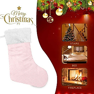 Kigai Christmas Stockings Pink & White Polka Dots Large Candy Stockings Stuffers Kids Cute Xmas Sock Decorations 1PC for Home Holiday Party 12" x18"