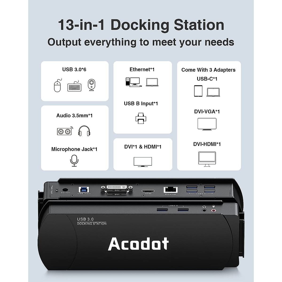 USB 3.0 Universal Docking Station, Acodot 13 in 1 Laptop Docking Station Dual Monitor for Windows and Mac, USB C Docking Station with HDMI, VGA, DVI, 6X USB 3.0, Gigabit Ethernet, Audio